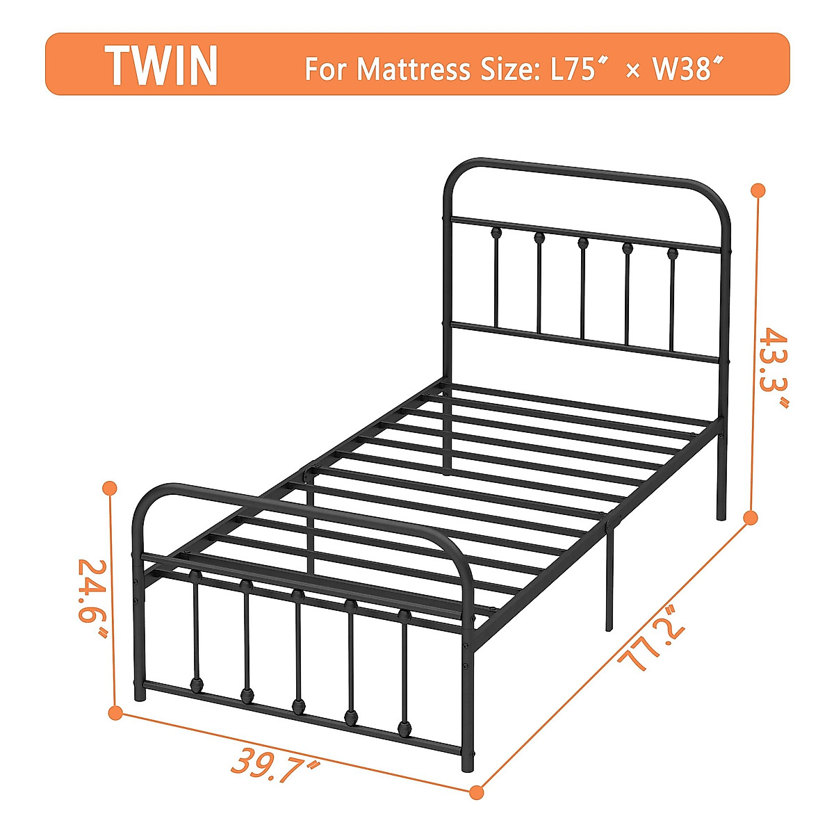 Closadin Classic Metal Platform Bed Frame with Heaboard and Footboard,Strong Metal Slats Support,No Box Spring Needed,Easy Assembly,Twin Size,Black