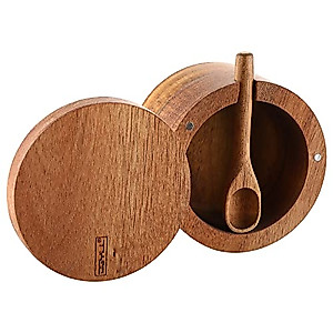 DGYLL Salt bowl, Acacia wood salt cellar with lid and spoon, salt box with swiveling lid, salt container with lid,6oz