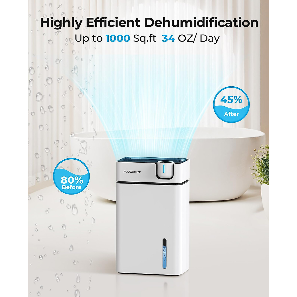 Dehumidifier, PLUSCENT 1000 Sq. Ft. Dehumidifiers for Home, 88 OZ Dehumidifier for Basement Bedroom Bathroom RV and Closet with Drain Hose, Auto Defrost, Auto Shut Off, Sleep Mode, 7 Colors LED Light