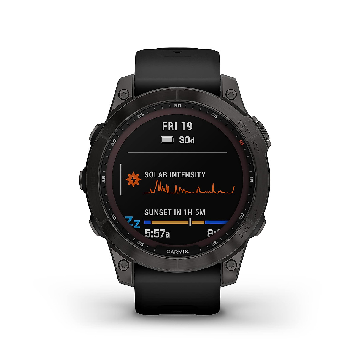 Garmin fenix 7 Sapphire Solar, adventure smartwatch, with Solar Charging Capabilities, rugged outdoor watch with GPS, touchscreen, wellness features, carbon gray DLC titanium with black band