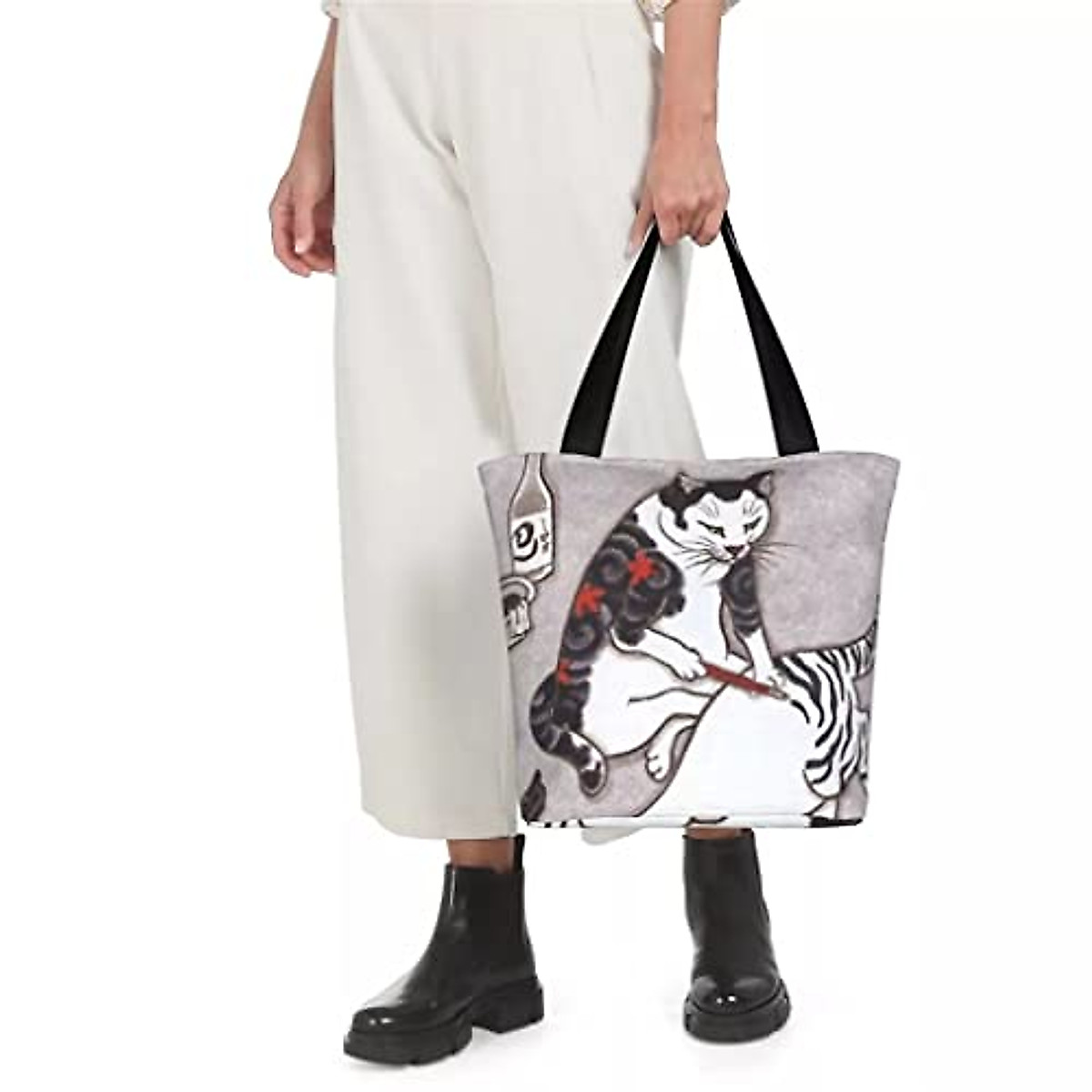 WYKD Women Canvas Bag Large Capacity Tote Funny Cats Printed Shoulder Bags Handbag Eco Cloth Fabric Shopping Bags for Girls