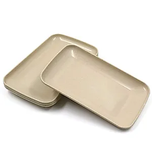 Roucerlin 4 Pack Big Rectangular Dinner Plates, Unbreakable Wheat Straw Plates, Reusable Durable Lightweight Salad Plate for Fruits, Snack, Pasta, Cake, Dessert, Dishes (9.3in, Beige)