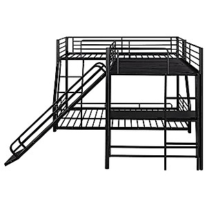 FIQHOME Metal L-Shaped Bunk Bed with a Loft Attached,Twin Over Full Bunk Bed with Twin Size Loft Bed,Built-in Desk and Slide,Metal Triple Bed for Kids Teens Boys Girls,No Box Spring Needed,Black