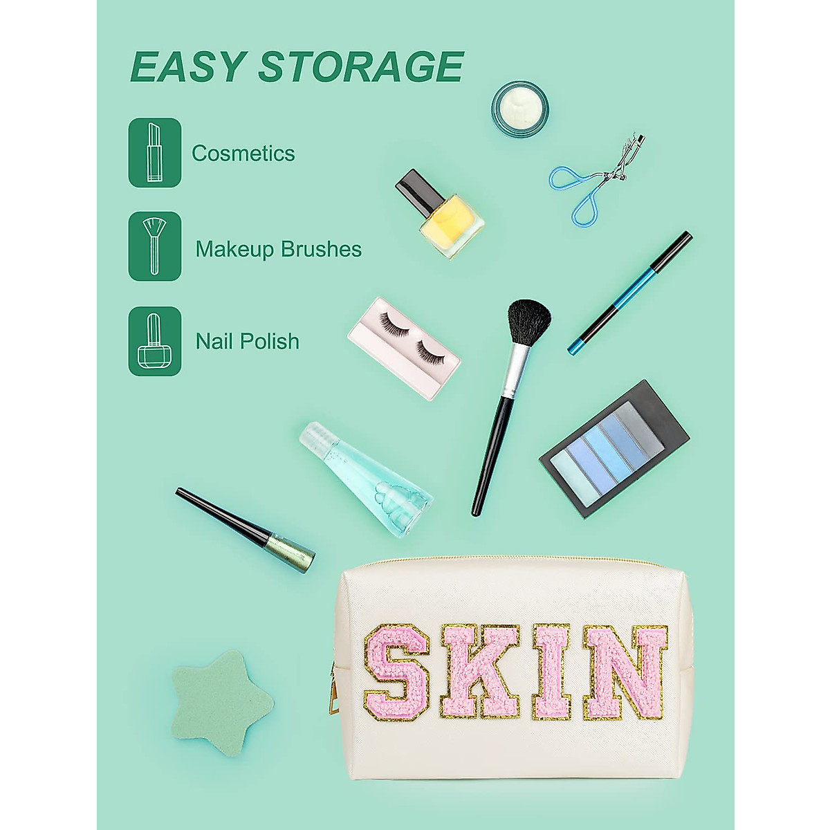 besharppin Preppy Makeup Bag, Synthetic Leather Patch Cosmetic Bag with SKIN Chenille Letter for Travel, Gift for Girlfriend or Wife, Present for Girls, Daughter, Sister and Mother