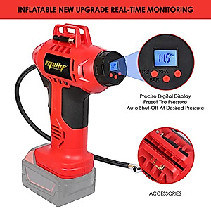Tire Inflator Air Compressor, Compatible with Milwaukee 18v Max Battery Mellif 160 PSI Cordless Portable Electric Air Pump with Digital Pressure Gauge for Car, Bike, Sport Ball (TOOL BARE) (Red)