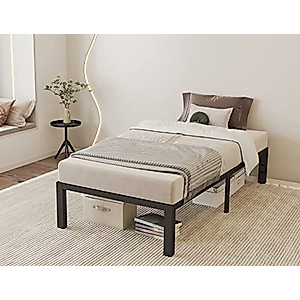 ROIL 14 inch Twin Size Bed Frames with Wide Wood Slats - 3500lbs Heavy Duty No Box Spring Needed Platform, Mattress Stoppers Single Metal Noise Free Bedframe with Headboard Hole Underneath Storage
