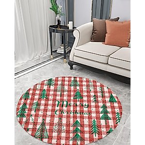 Christmas Fluffy Round Area Rug Carpets 3ft, Plush Shaggy Carpet Soft Circular Rugs, Non-Slip Fuzzy Accent Floor Mat for Living Room Bedroom Nursery Home Decor Vintage Xmas Tree Buffalo Plaid Red