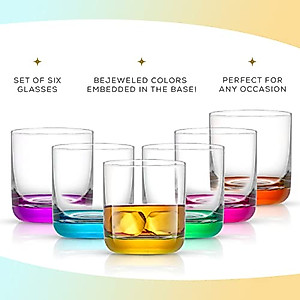 JoyJolt HUE Colorful Whiskey Set. 6pc Bar Glasses, 10oz Drink Glasses. Double Old Fashioned Glass - Modern Whiskey Glass Set, Low Ball Glasses, Tumbler Cocktail Glasses, Whiskey Glasses.