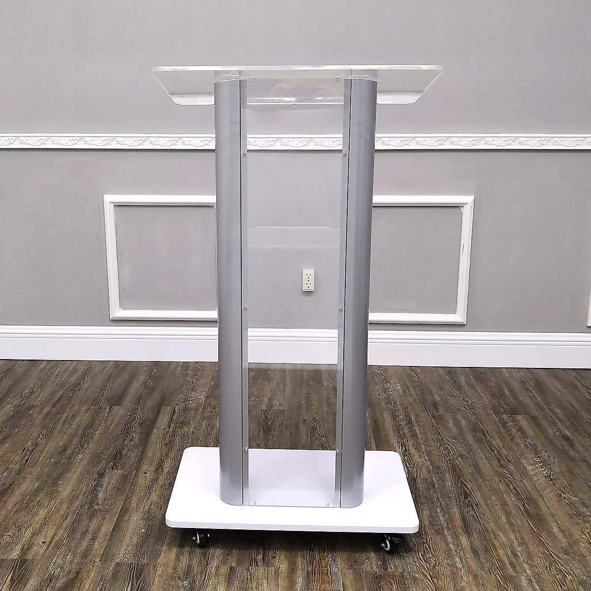 FixtureDisplays Clear Acrylic Plexiglass Podium Curved Steel Sides Church Pulpit School Lectern Debate Funeral Home Conference 14310-NF