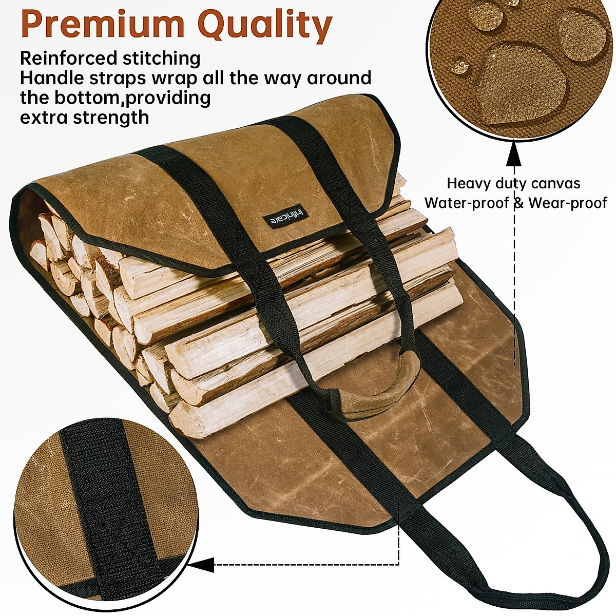 Infinicare Firewood Carrier with Handles - 2pcs Heavy Duty Canvas Firewood Bag with Handles | Durable Wood Carrier for Firewood | Suitable for Indoor Fireplace and Outdoor Camping - Brown & Black