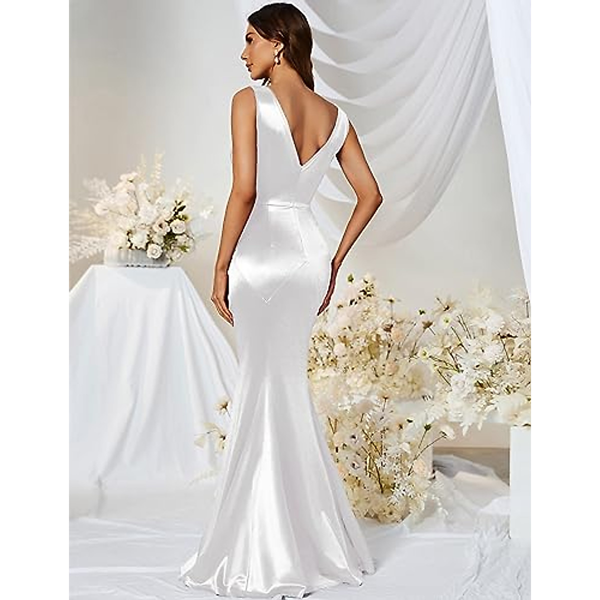 MUXXN Women's Fishtail Wedding Guest Formal Evening Cocktail Long Maxi Sleeveless Dress Off White L