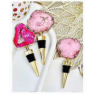 LUXE CRYSTAL CO. Handcrafted Purple Magenta Pink Agate Druzy Gold Natural Crystal Wine Champagne Stopper Handmade Bottle Barware Housewarming Bridal Shower (Pink)