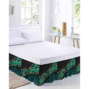 Abstract Black Marble Bed Skirt Queen Size 18 Inch Drop, Adjustable & Elastic Wrap Around Bed Skirts Pleated Luxury Dust Ruffles for Twin Full Queen Cal King Base Bed, Modern Minimalist Emerald Green