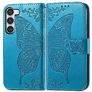 KRHGEIK for Samsung Galaxy S23 5G Case Wallet,Women Flip Folio Cover with Butterfly Embossed PU Leather Kickstand Credit Card Holders Slots Wrist Strap Phone Case 6.1" (Blue)