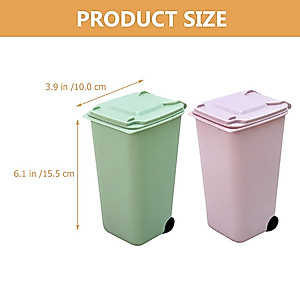 Tofficu Small Waste Basket 2pcs Mini Curbside Garbage Trash Bin with Wheels Lid Pen Holder Tiny Recycle Can Pencil Cup Desktop Organizer for Bedroom Office Desktop Car Green Pink