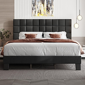 Lifezone King Bed Frame with Headboard Upholstered Bed Frame with Linen Tufted Headboard,Ship in 2 Boxes,Wood Slats Support,No Boxing Needed,Heavy Duty Feet,Easy Assembly, Dark Grey