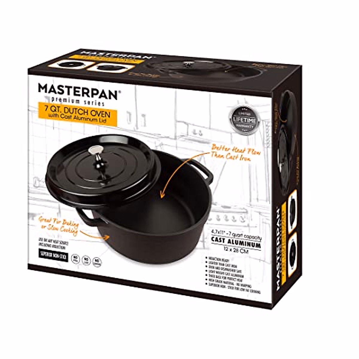 MasterPan 7 Quart Non-Stick Cast Aluminum Dutch Oven Casserole Stockpot 11", Black