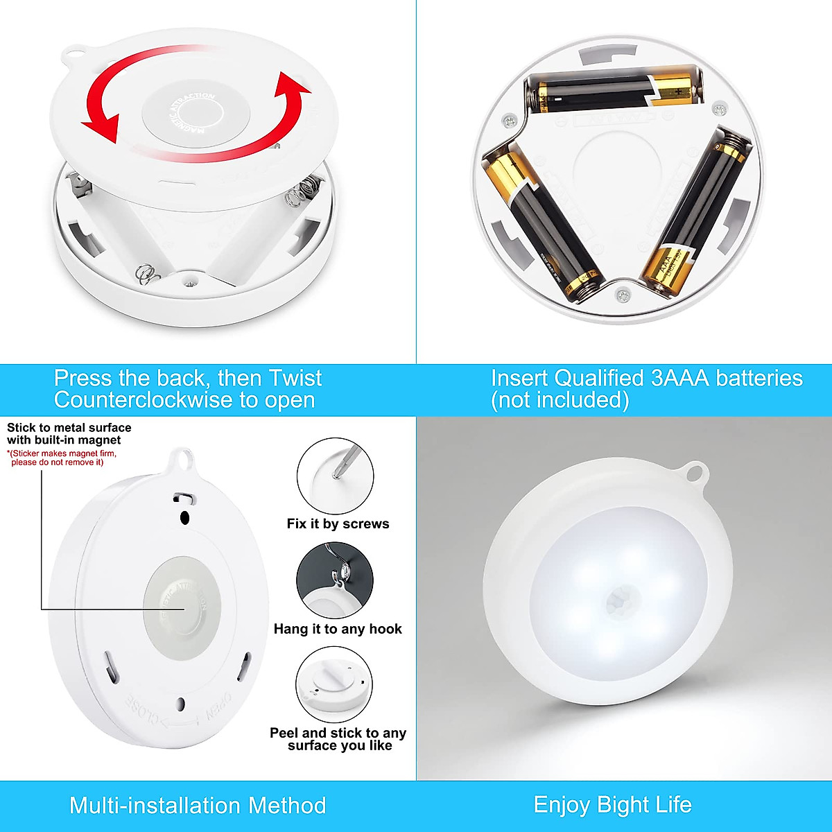 Mlambert 4 Pack Motion Sensor LED Night Light, Non-Fall Cordless Battery-Powered Wall Light, Stick-on Magnet Closet Lights, Safe Lights for Stairs, Hallway, Kitchen, Cabinet, White