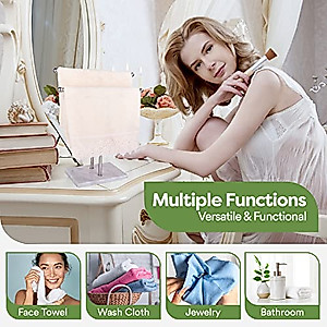 Homeries Marble Hand Towel Holder - Stainless Steel Towel Stand with Round Marble Base - Double T-Shape Hand Towel Valet for Bathroom, Vanity Top Towel Stand, Counter Towel Bar, Jewelry Rack