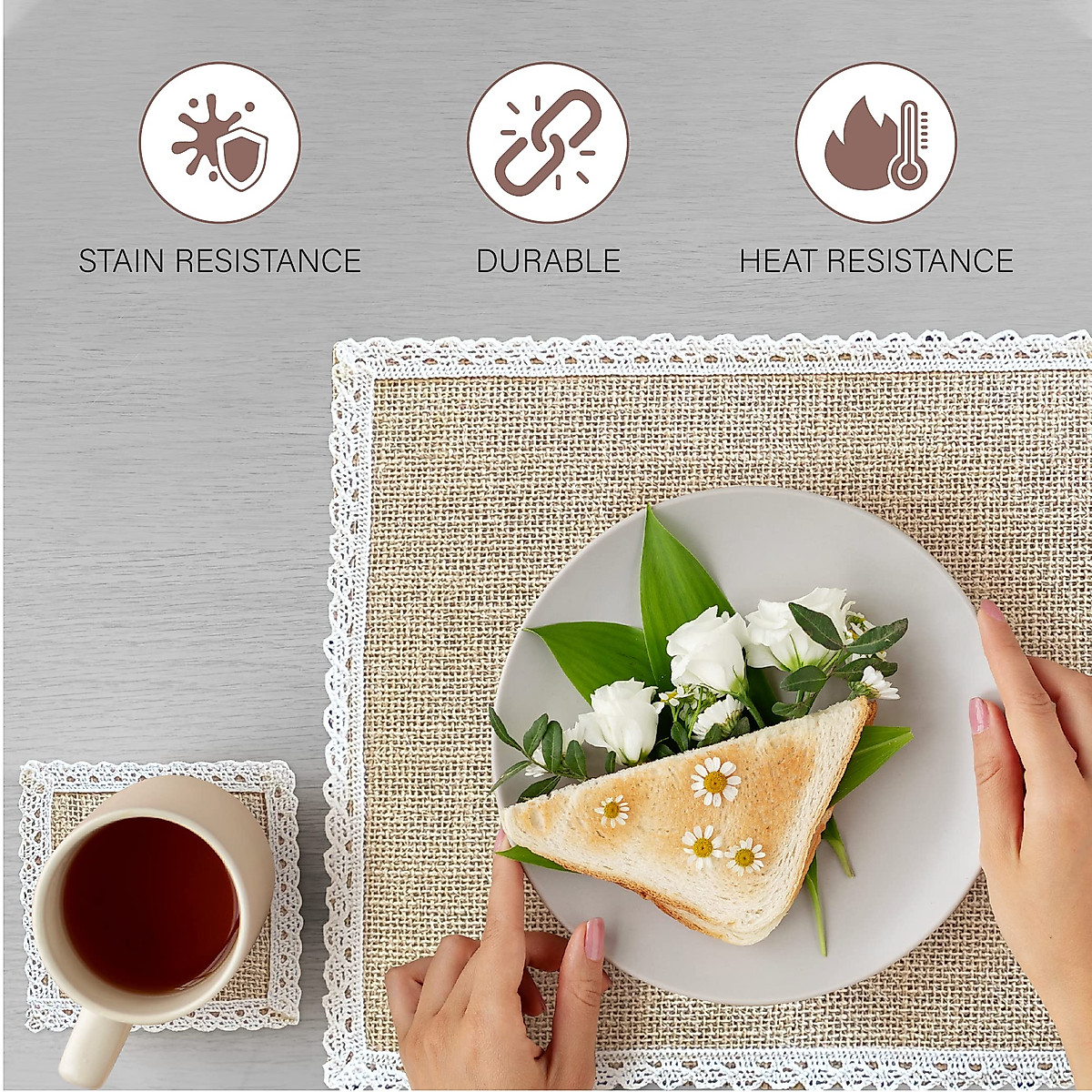 Burlap Placemat 8 pc Set, Farmhouse Placemats Set of 4 with Coasters, Jute Rustic Place Mats and Coasters, Linen Table Mats and Coasters, Set of 4, Heat Resistant