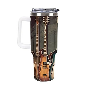LLUTSNTH 40 Oz Vacuum Tumbler with White Handle Leakproof Insulated Tumbler Guitars Art Stainless Steel Travel Mug with Lid And Straw Coffee Cup Cute Water Bottles Cup Holder Friendly