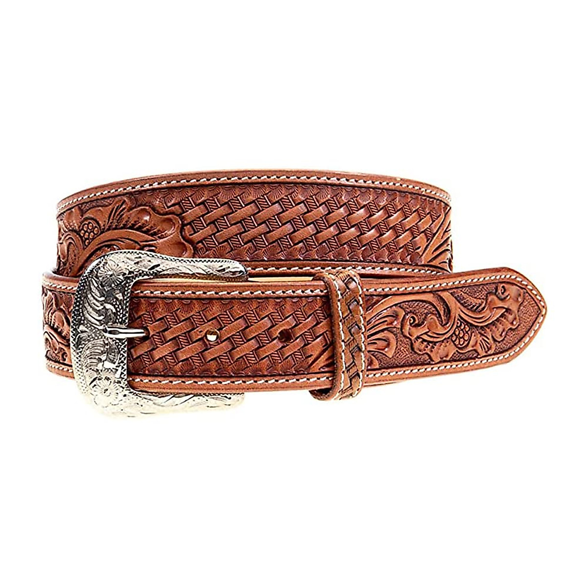 Twisted X Genuine Leather Natural Brown Basket Weave Belt with Floral Tooling (40 - Fits 38" Waist)