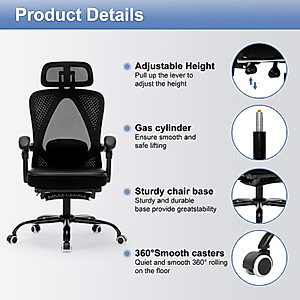 Ergonomic Office Chair, Reclining High Back Home Office Desk Chairs with Adjustable Lumbar Support Swivel Computer Gaming Chair with Headrest Footrest,PU Leather Executive Task Chair, Black