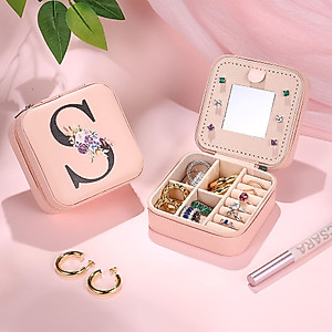 Parima Pink Jewelry Box for Women, Small Travel Organizer with Initial - Jewelry Box Organizer, Portable, Zipper, 4 Compartments, Ideal Gift for Birthdays, Valentine's Day, Christmas