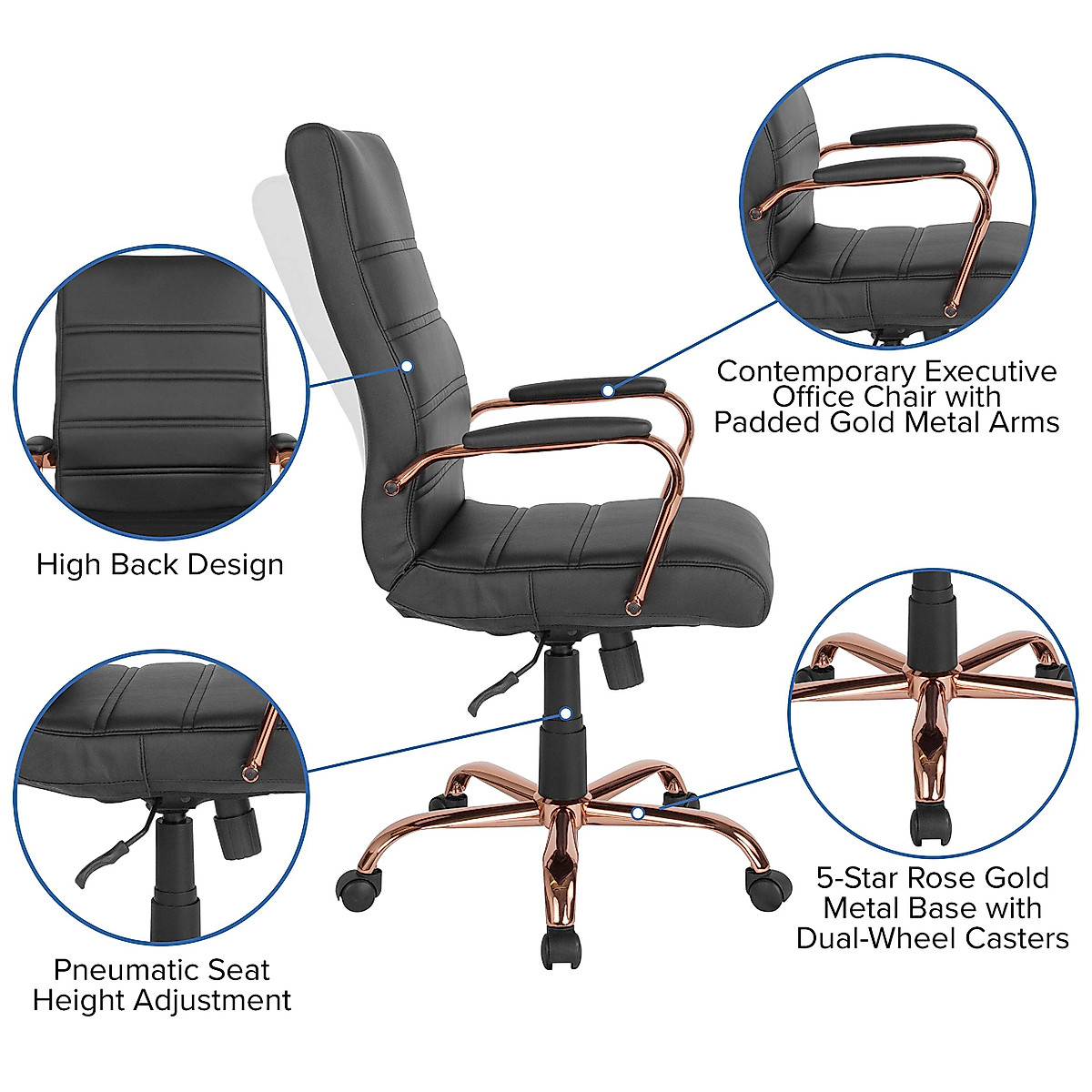 BizChair High Back Desk Chair - Black LeatherSoft Executive Swivel Office Chair with Rose Gold Frame - Swivel Arm Chair