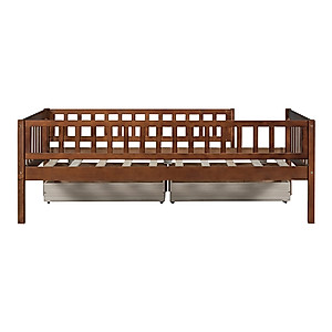 Harper & Bright Designs Twin Daybed with Two Drawers, Wood Twin Size Bed Frame with Fence Rails and Storage,Montessori Twin Bed for Kids Girls Boys,No Box Spring Needed,Walnut
