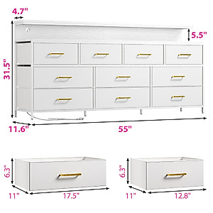 EnHomee 55" W White Dresser for Bedroom with 10 Drawers Long Dressers & Chests of Drawers with LED Lights & Power Outlets Large Dresser for Bedroom Dresser for Closet, Hallway, Metal Frame, White