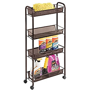 mDesign Slim Steel Metal Rolling Utility Cart Storage Organizer Trolley with 4 Basket Shelves for Laundry Room, Kitchen, Bathroom Organization - Narrow Holder for Detergent - Biro Collection, Bronze