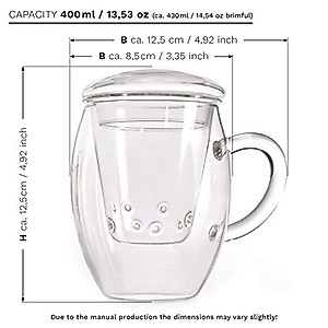 Creano - Tea Glass with Glass Infuser and Lid - Glass Mug with Strainer - Glass Filter - All-In-One - 14oz (400ml)