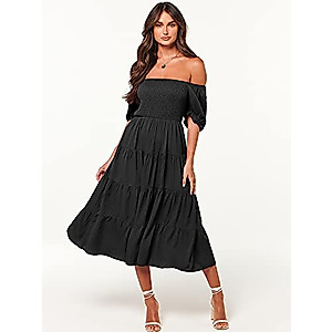 ANRABESS Women's Casual Summer Midi Dress Puffy Short Sleeve Square Neck Smocked Tiered Boho 2023 Spring Dresses for Wedding Bridal Shower 877heise-M Black