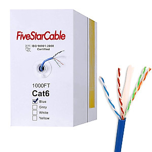 FiveStarCable Cat6 1000ft Twisted Pair 23AWG Solid UTP Network Ethernet Router Cable, 550Mhz, PVC RJ45 Wire Bulk Pull Box, Blue