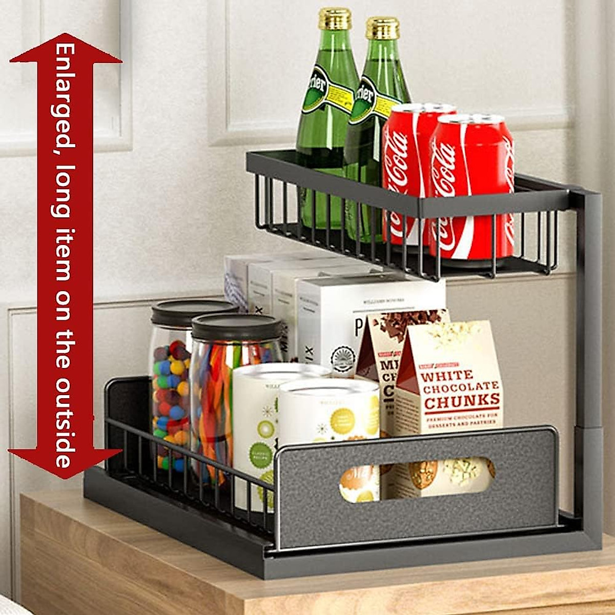 Under The Sink 2-Tier Sliding Organizer - Kitchen And Bathroom Cabinet Storage- Sturdy L-Shaped, Pull Out Shelf - Ideal for Kitchen, Bathroom, Cabinet, and Countertop - Black Metal