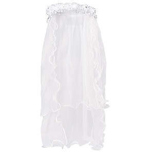 Lystaii Girls Bowknot Rhinestone Flower Veil Girls First Holy Communion Headband Hair Wreath Floral Crown Pearls Crystal Lace Headpiece Veil with Comb White for Wedding Party