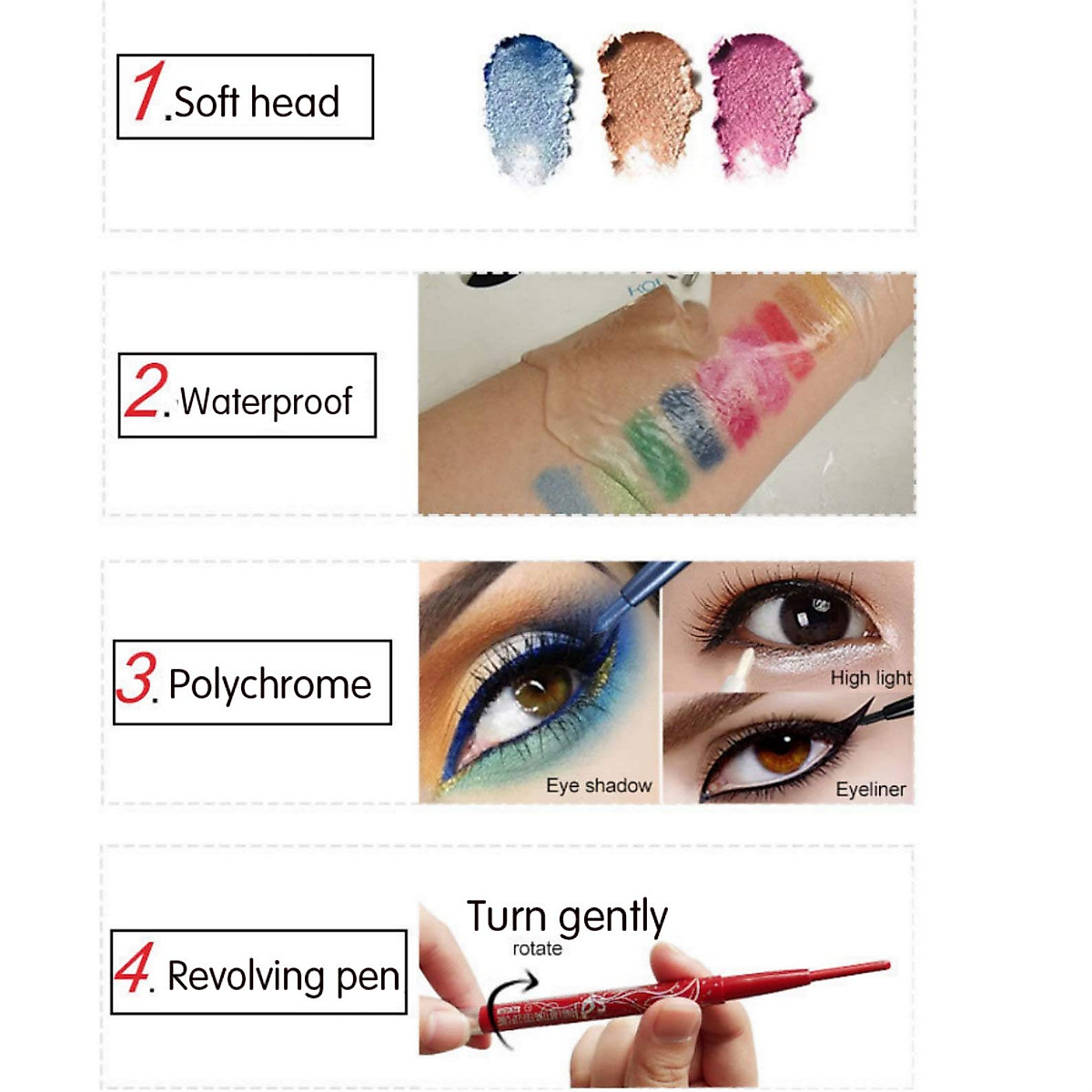 KAIQIKAIXI Waterproof Eyeliner, 12 Color Eyeliner, Eye Shadow Pencil, Eyebrow Pencil, Lip Liner, Multifunctional Color Painting Cosmetic Tool. (12Pcs)