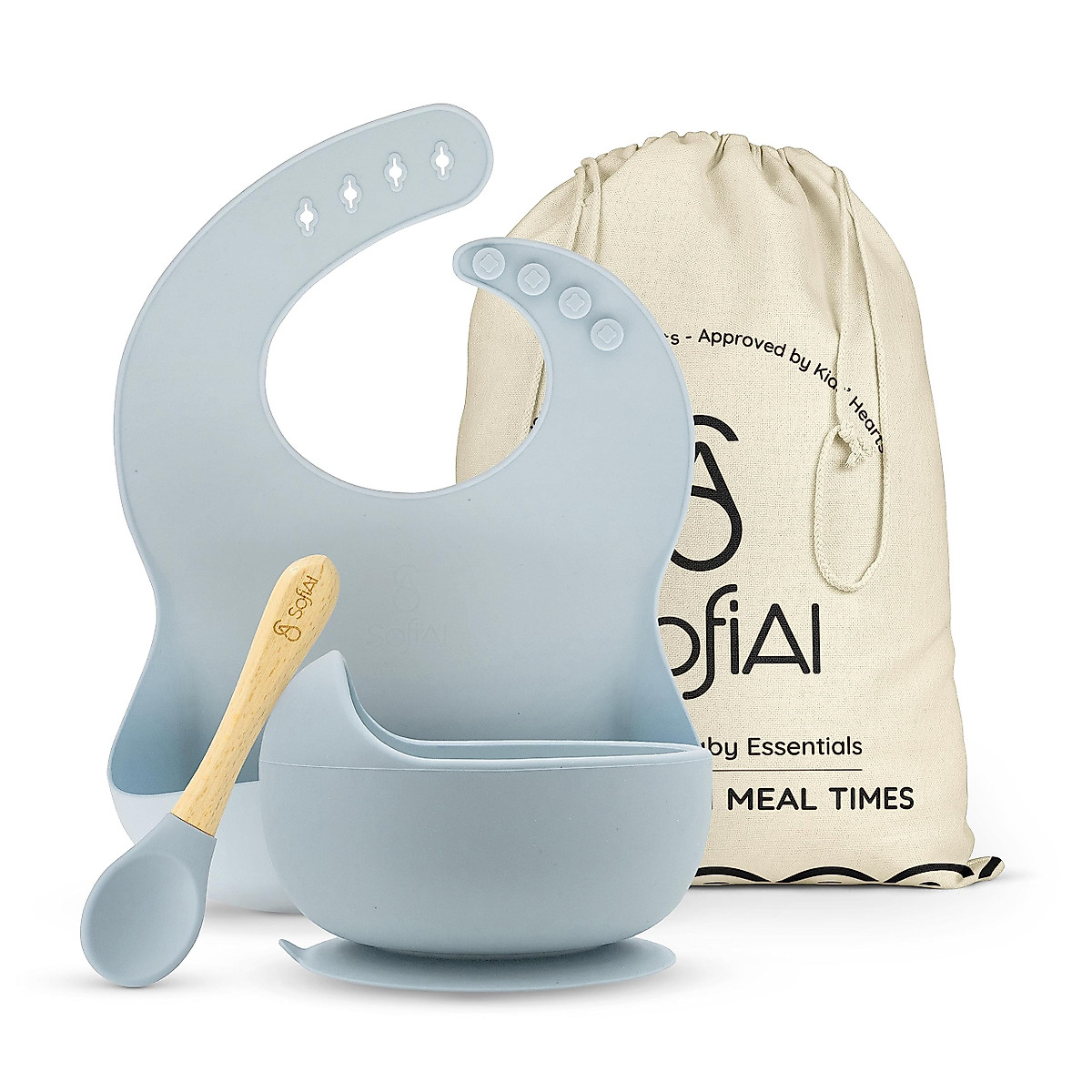All In One Silicone Baby Feeding Set By SofiAl - Safe for 6-12 Months - Non-Toxic Baby Led Weaning Supplies, Suction Plate Or Bowl, Bib, Spoon & Gift Bag - BPA-Free - Mess Free Baby Feeding Essentials