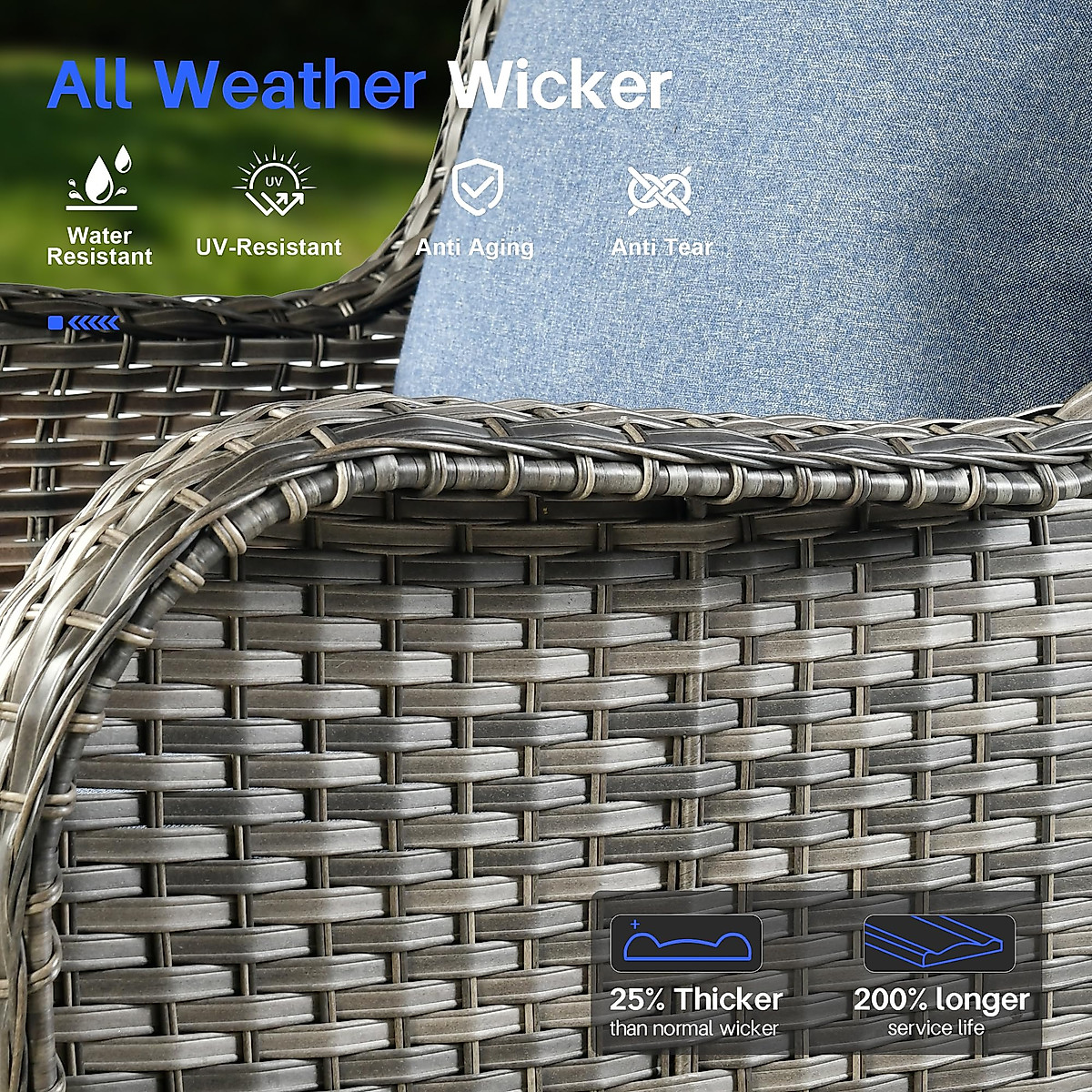 XIZZI Patio Furniture Sets Outdoor Swivel Rocking Chairs with 50,000 BTU Propane Fire Pit Table 7 Pieces All Weather PE Wicker Conversation Sofa and Matching Side Table,Grey Wicker Denim Blue