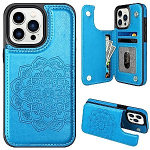 MMHUO for iPhone 15 Pro Case with Card Holder, Flower Magnetic Back Flip Case for iPhone 15 Pro Wallet Case for Women, Protective Case Phone Case for iPhone 15 Pro,Blue