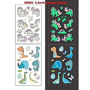 Temporary Tattoos for Kids | 120 Glitter + 20 Luminous Birthday Gift,Kids Party Favors Mermaid Butterfly Animal Dinosaur Pirate Space Fake