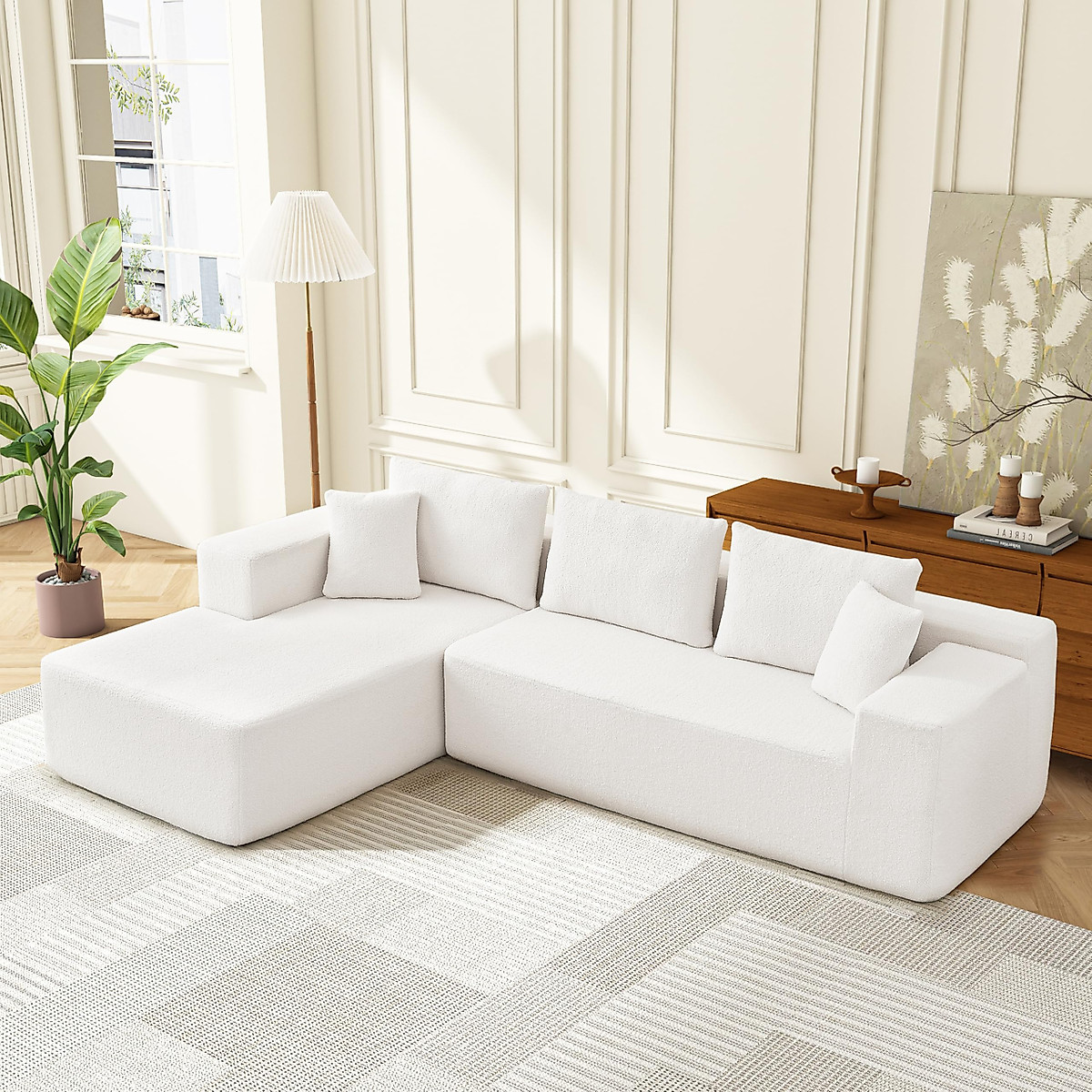 Sectional Floor Sofa Couch, Corner L Shaped Sectional Sofa Set Modern Minimalist Modular,Convertible Compressed Cloud Sofa w/Lounge,Sherpa Fabric,Deep Seater,High-Density Foam(Off White 4 Seater)