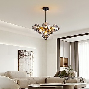 KELUOLY 6-Light Glass Chandelier, Mid Century Globe Black and Gold Hanging Ceiling Light, Smoke Grey Vintage Hanging Pendant Light for Bedroom Dining Room Kitchen Farmhouse Living Room