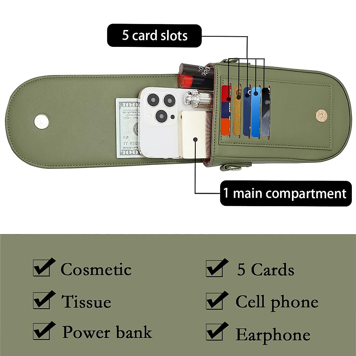 Sunwel Fashion Trendy Cell Phone Bag 5 Card Slots Mini Crossbody Bag Phone Purse Detachable Wristlet for Women Girls