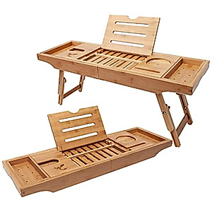 Bamboo Bathtub Tray & Bed Laptop Desk with Foldable Legs, Latest Unique Zen Design Bathtub Caddy, Top Quality Bamboo Bathtub Caddy Tray with Adjustable Legs, Wine Glass & iPad Holder by Bambooware