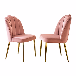Iconic Home Chelsea Dining Side Chair Vertical Channel Quilted Velvet Upholstered Crown Top Back and Seat Solid Gold Tone Metal Legs (Set of 2) Modern Contemporary, Blush