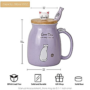Cute Cat Mug Set of 4 Ceramic Coffee Cups with Lovely Kitty lid and Fish Spoon Novelty Morning Tea Milk Mug Set for Girls Women Christmas Birthday Gift 500ML/15oz (4pcs,Blue Pink Purple Yellow)