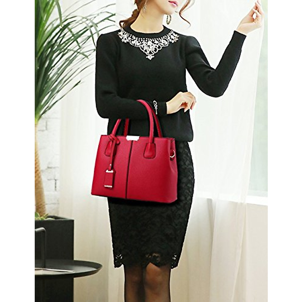 Covelin Women's Top-handle Cross Body Handbag Middle Size Purse Durable Leather Tote Bag Wine red