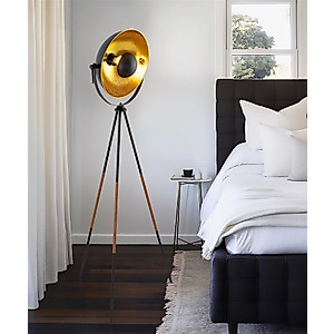 Kira Home Sulis 58" Modern Industrial Tripod LED Floor Lamp + 9W Bulb (Energy Efficient/Eco-Friendly), Leather Accent Legs, Satellite Style Shade, Black Finish